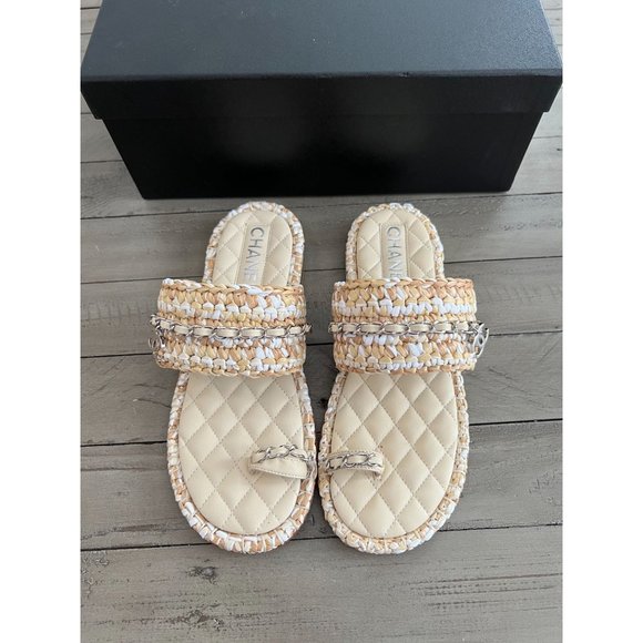 CHANEL | Shoes | Chanel 2s Beige White Raffia Tweed Cc Logo Chain Strap ...